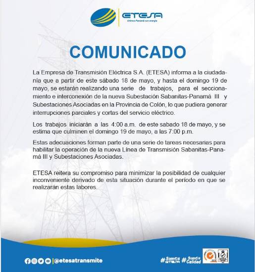 Etesa anuncia trabajos para este sábado 18 y domingo 19 de mayo