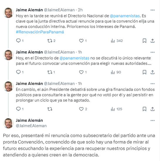 Jaime Alemán renunciará como subsecretario del partido Panameñista